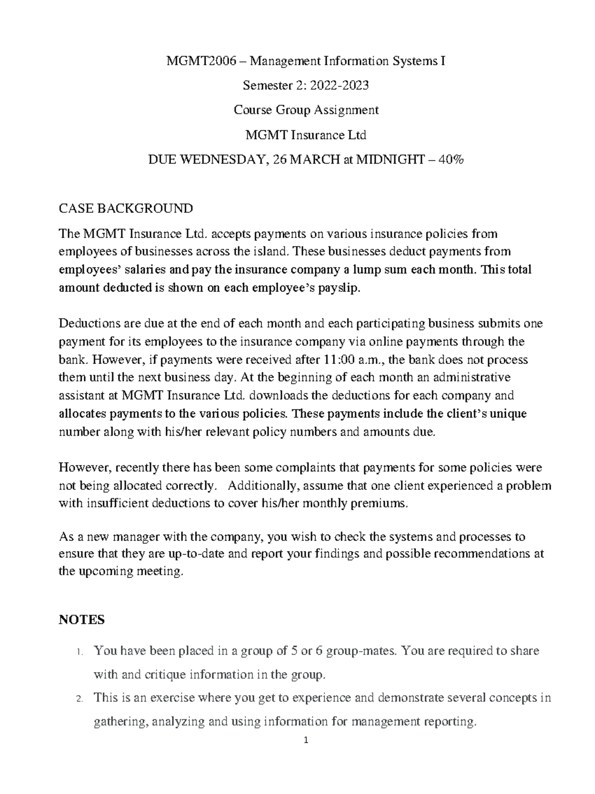 Group assignment document - MGMT2006 – Management Information Systems I ...