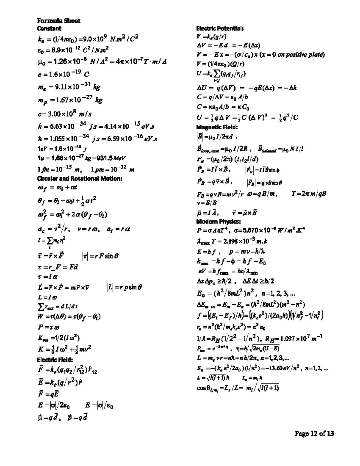 Phys1AA3 formula sheet S24-EXAM - PHYSICS 1AA3 - Formula Sheet Constant ...