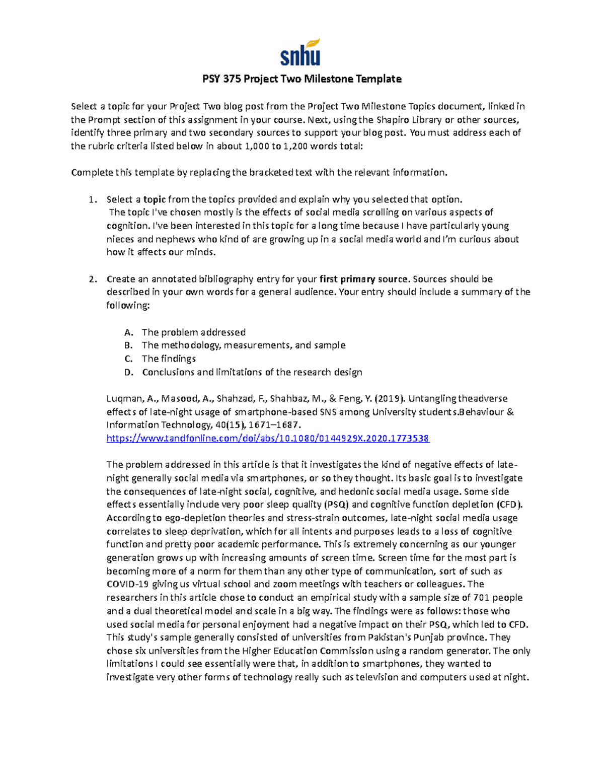 PSY 375 Project Two Milestone - Next, using the Shapiro Library or ...