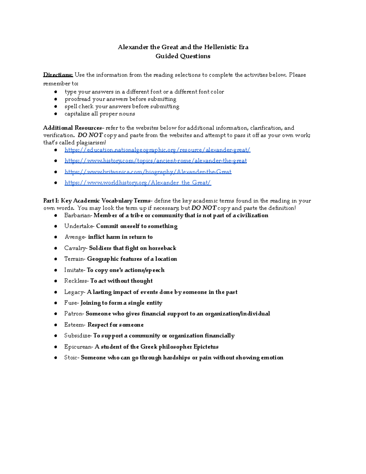 Alexander the Great and the Hellenistic World (Word History 1 Honors ...