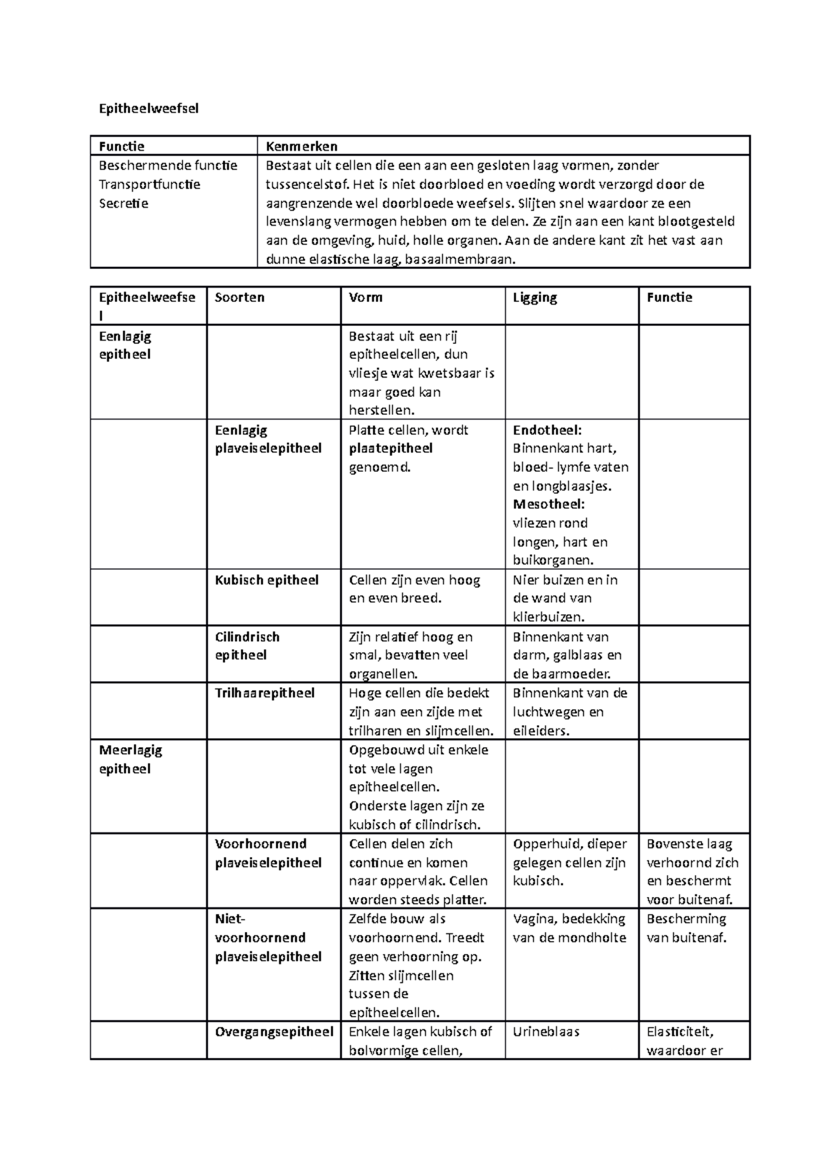 Weefsels - Weefsel omschrijvingen - Epitheelweefsel Functie Kenmerken ...