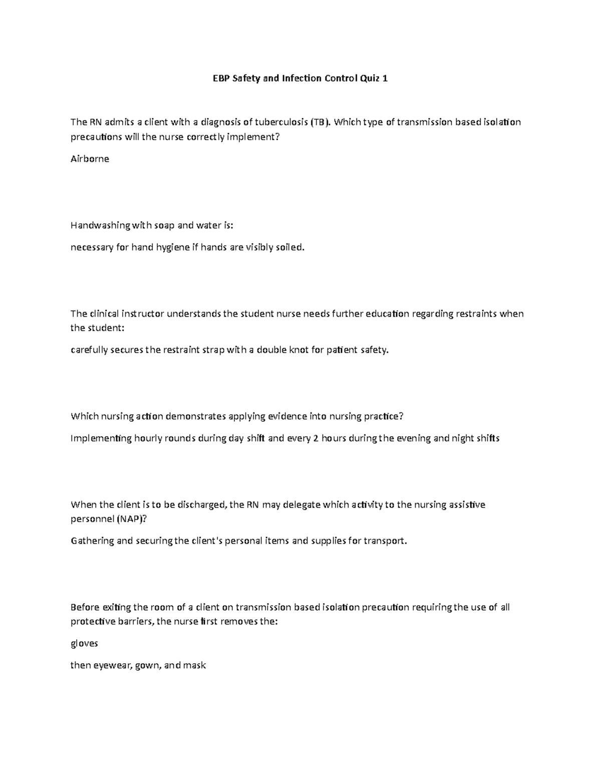 EBP Safety and Infection Control Quiz 1 - Which type of transmission ...