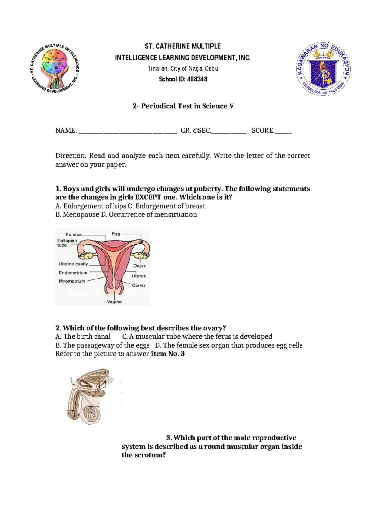 2nd quarter Science V - Exams - ST. CATHERINE MULTIPLE INTELLIGENCE ...