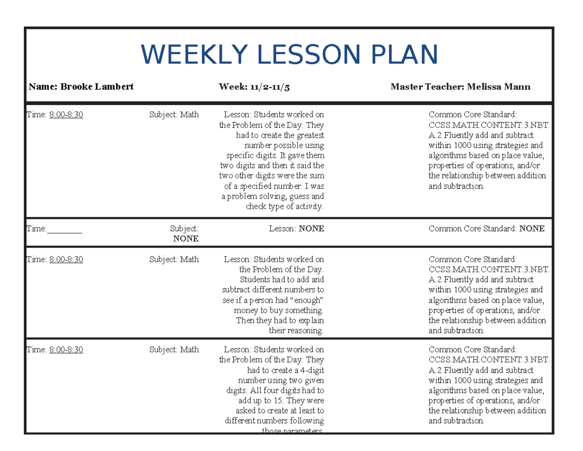 288681945-math - this is my math practice mate - WEEKLY LESSON PLAN ...