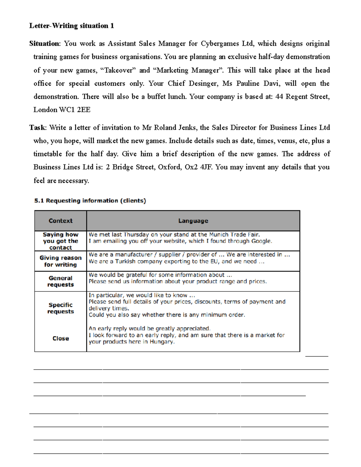 Business Letter - language added - Letter-Writing situation 1 Situation ...