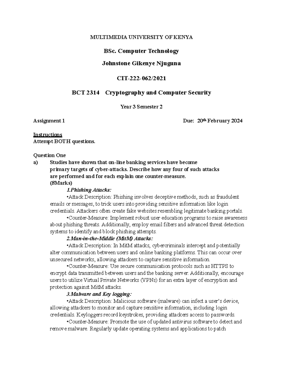 BCT 2314 Crypto and Comp Sec Assign 1 2024 2 - MULTIMEDIA UNIVERSITY OF KENYA BSc. Computer ...