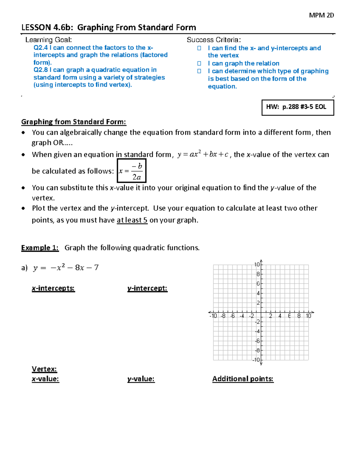 4.6b - Graphing from Factored and Standard Form - MPM 2D LESSON 4 ...
