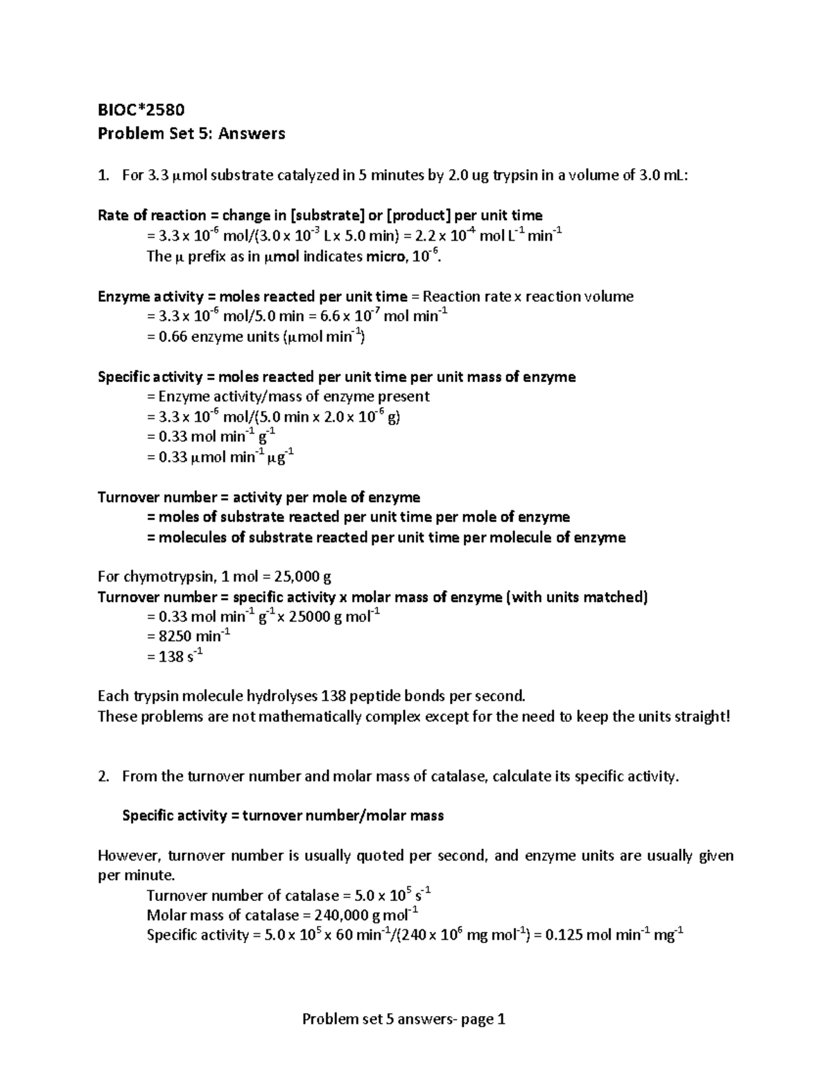 Problem Set 5 - Answers - prioblem set 5 - BIOC* Problem Set 5 : Answers - Studocu