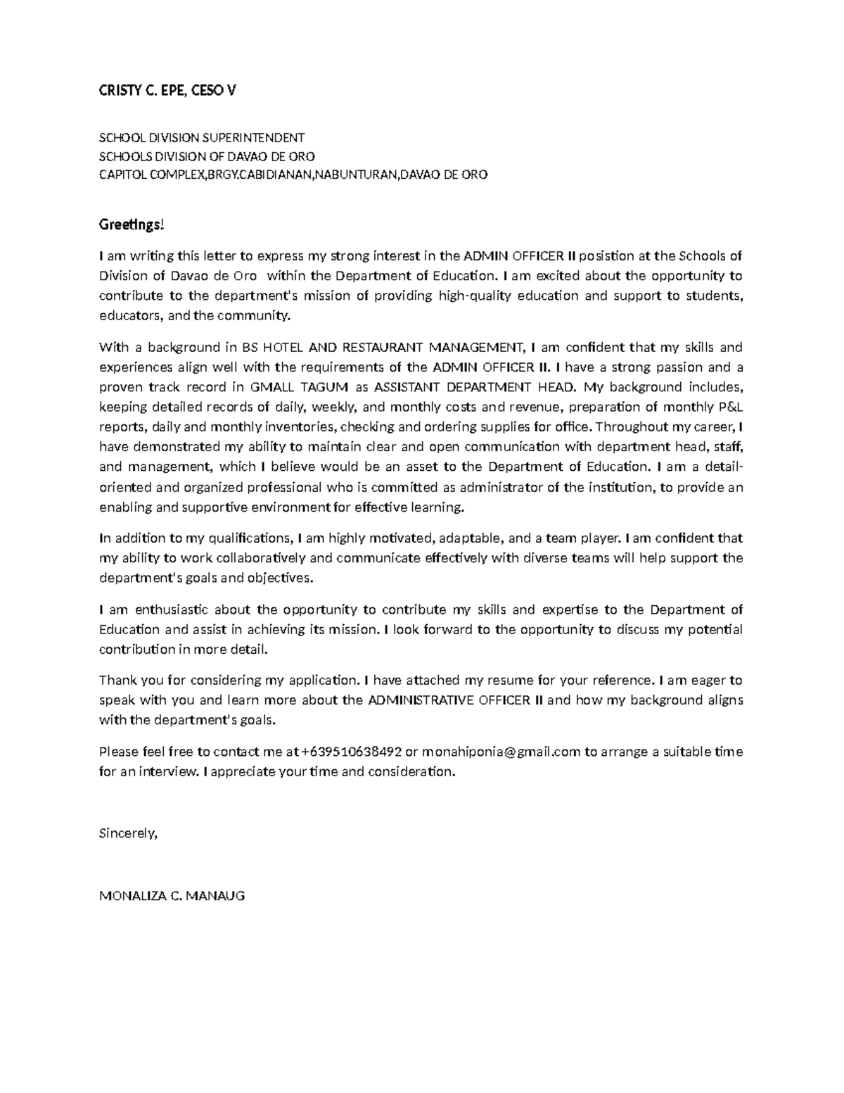 Letter-OF- Intent - CRISTY C. EPE, CESO V SCHOOL DIVISION ...