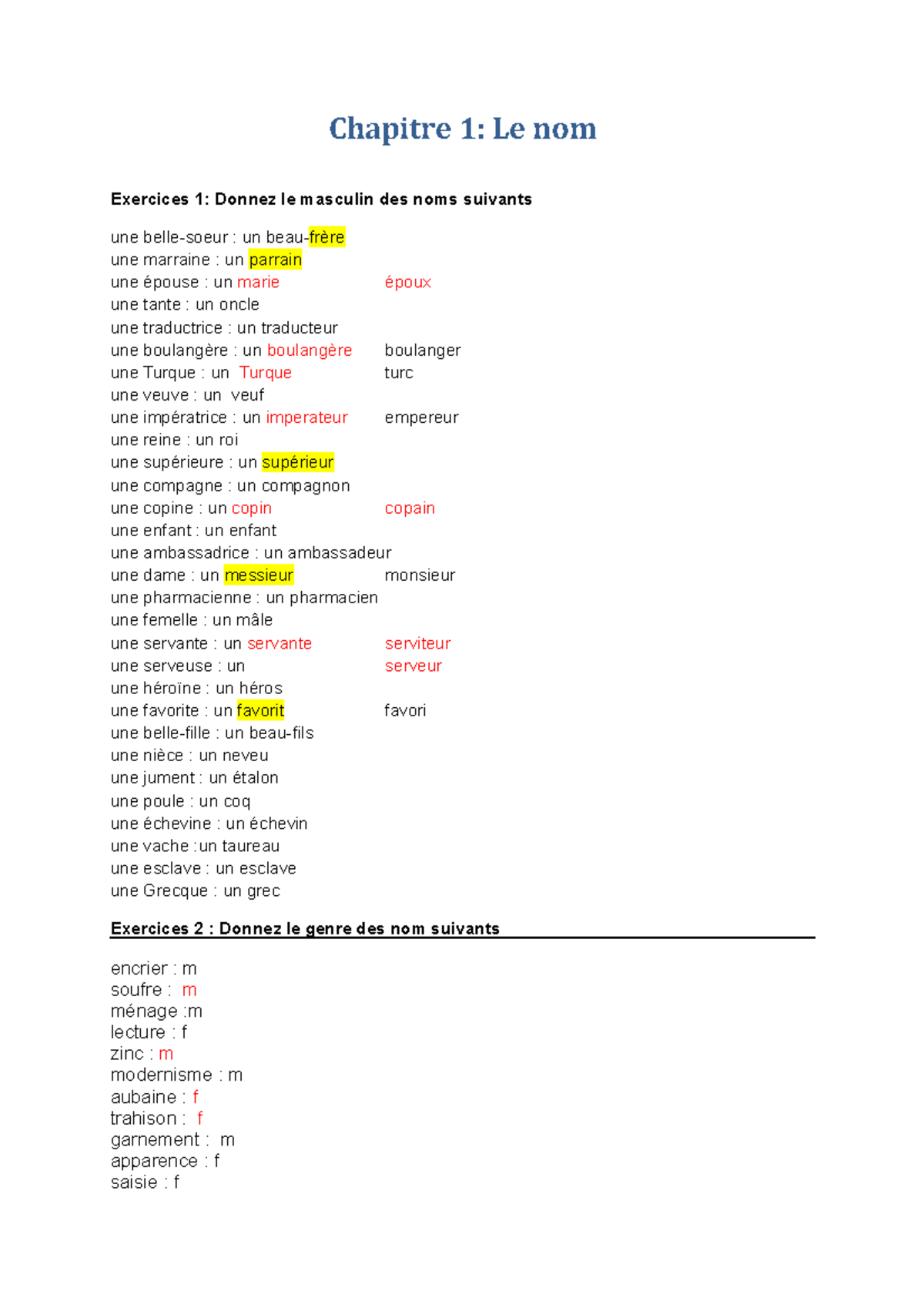 Résumé - Chapitre 1 - Chapitre 1: Le nom Exercices 1: Donnez le ...