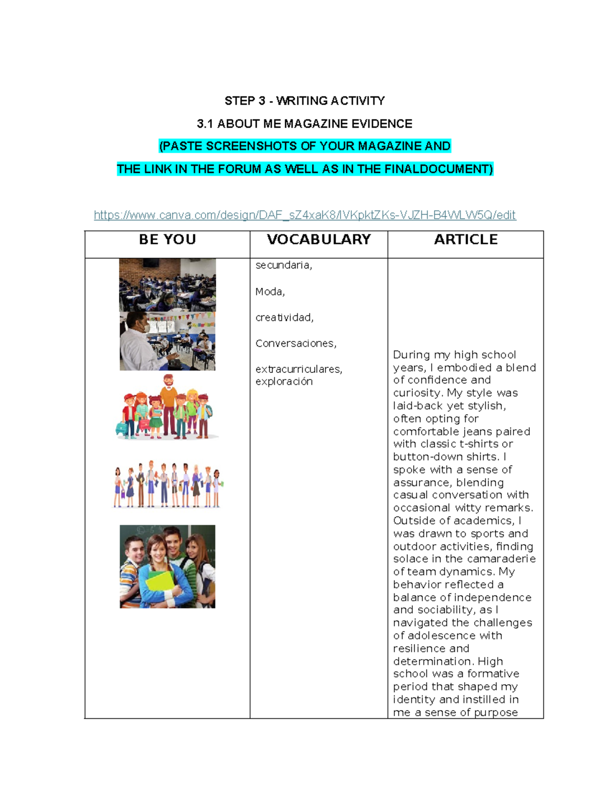 STEP 3 - Writing Activity - STEP 3 - WRITING ACTIVITY 3 ABOUT ME ...