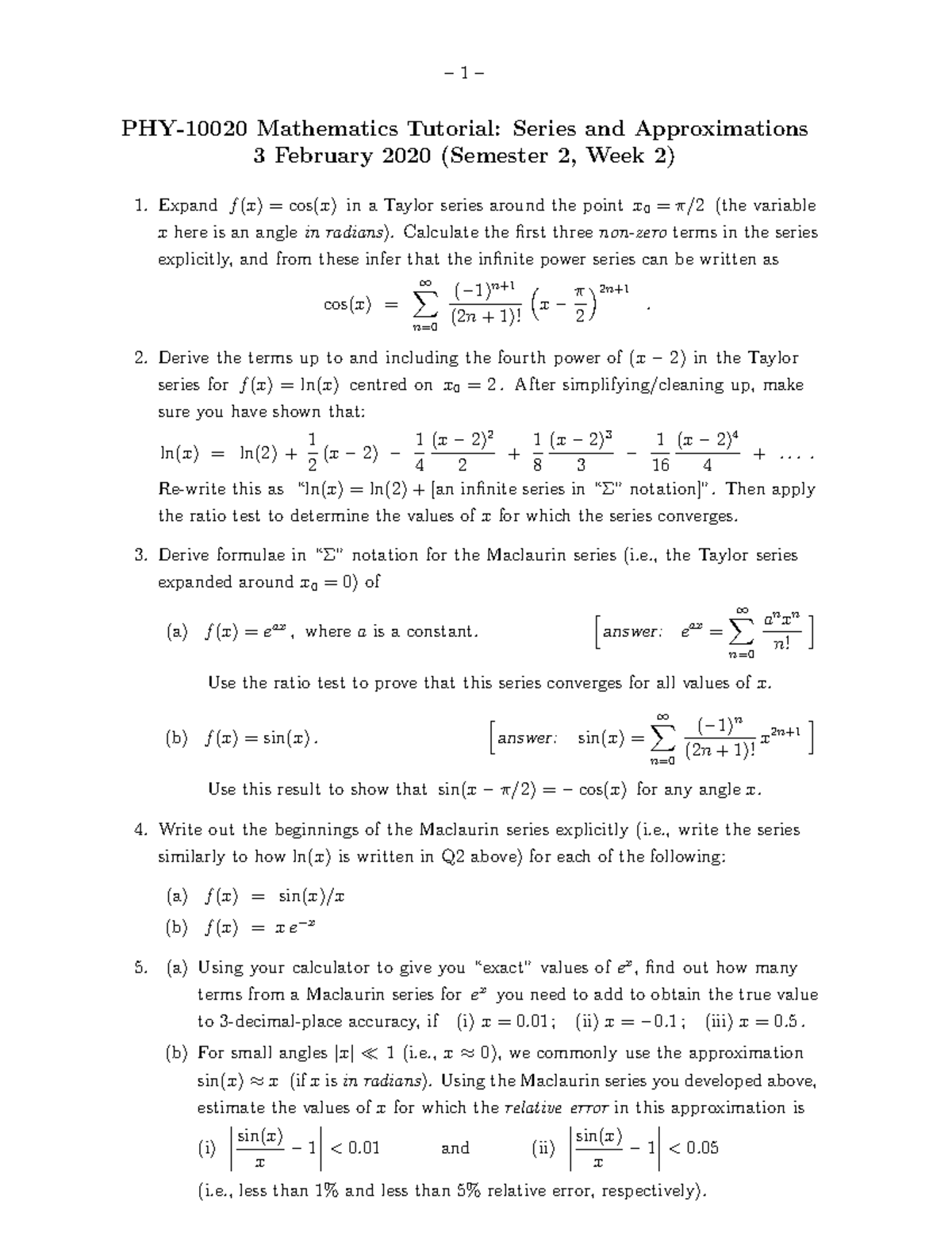 Semester 2 Tutorial 2 2020 - – 1 – PHY-10020 Mathematics Tutorial ...