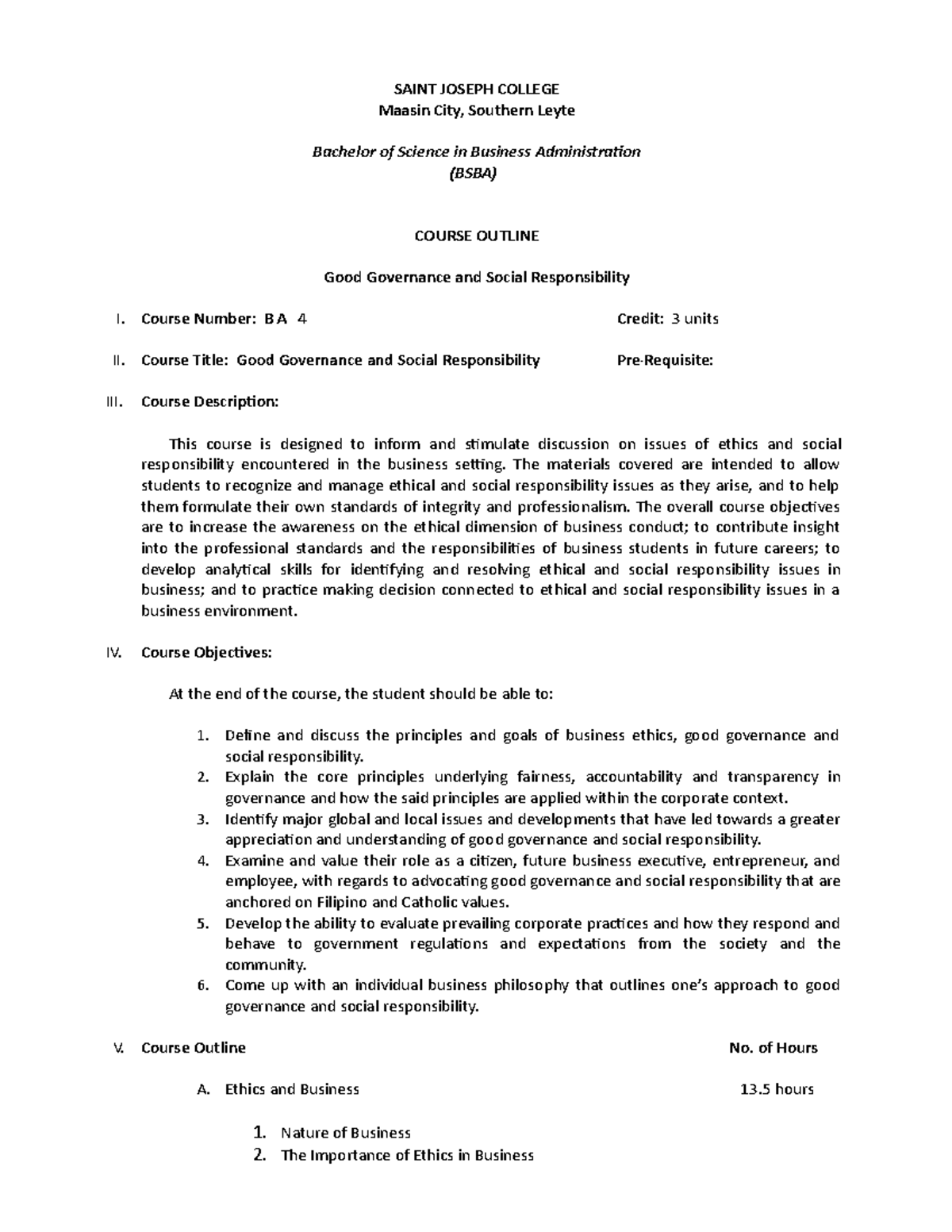 Course Outline GOOD Governance - SAINT JOSEPH COLLEGE Maasin City ...