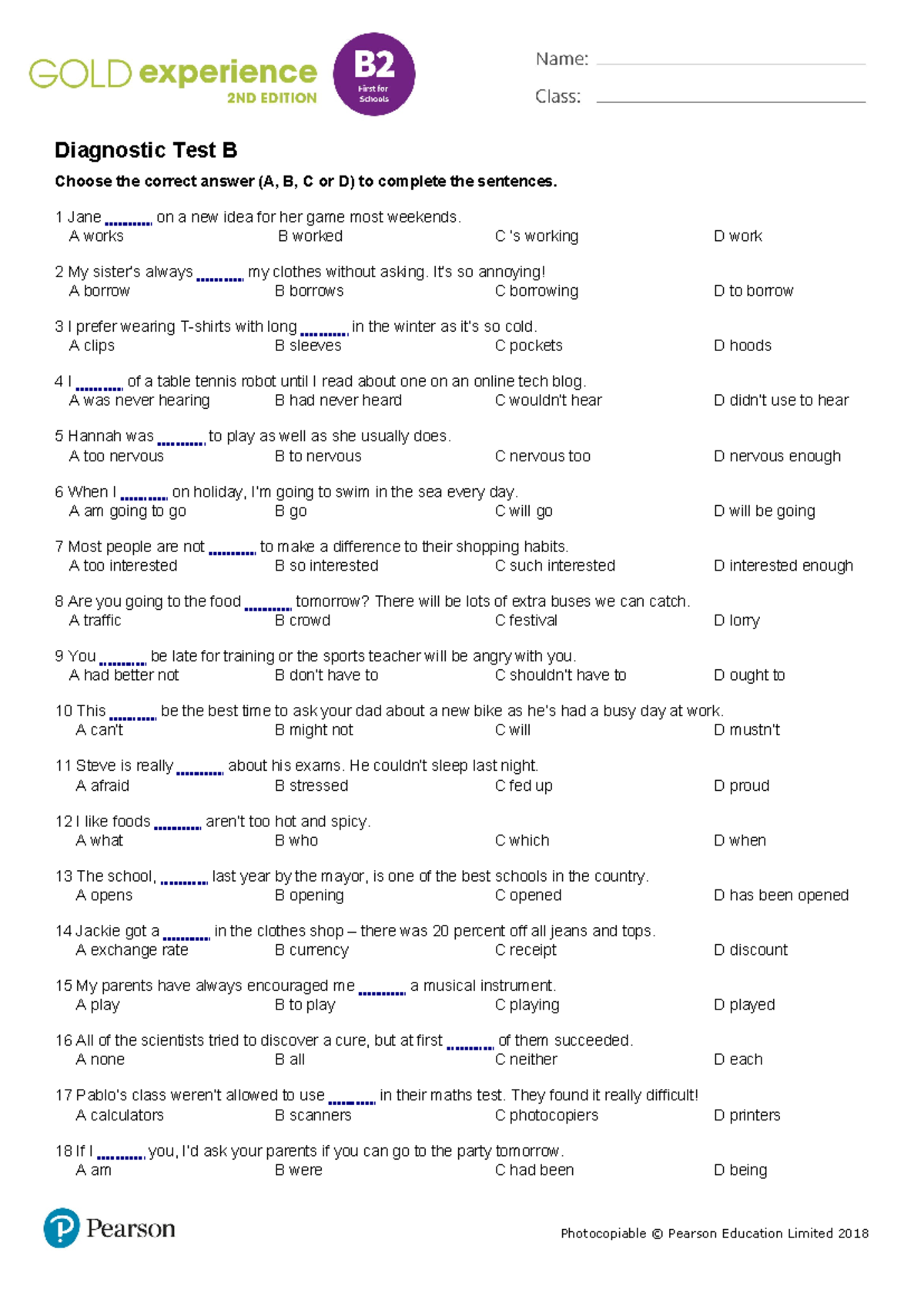 Gold Exp B2 Diagnostic Test B - Diagnostic Test B Choose the correct ...