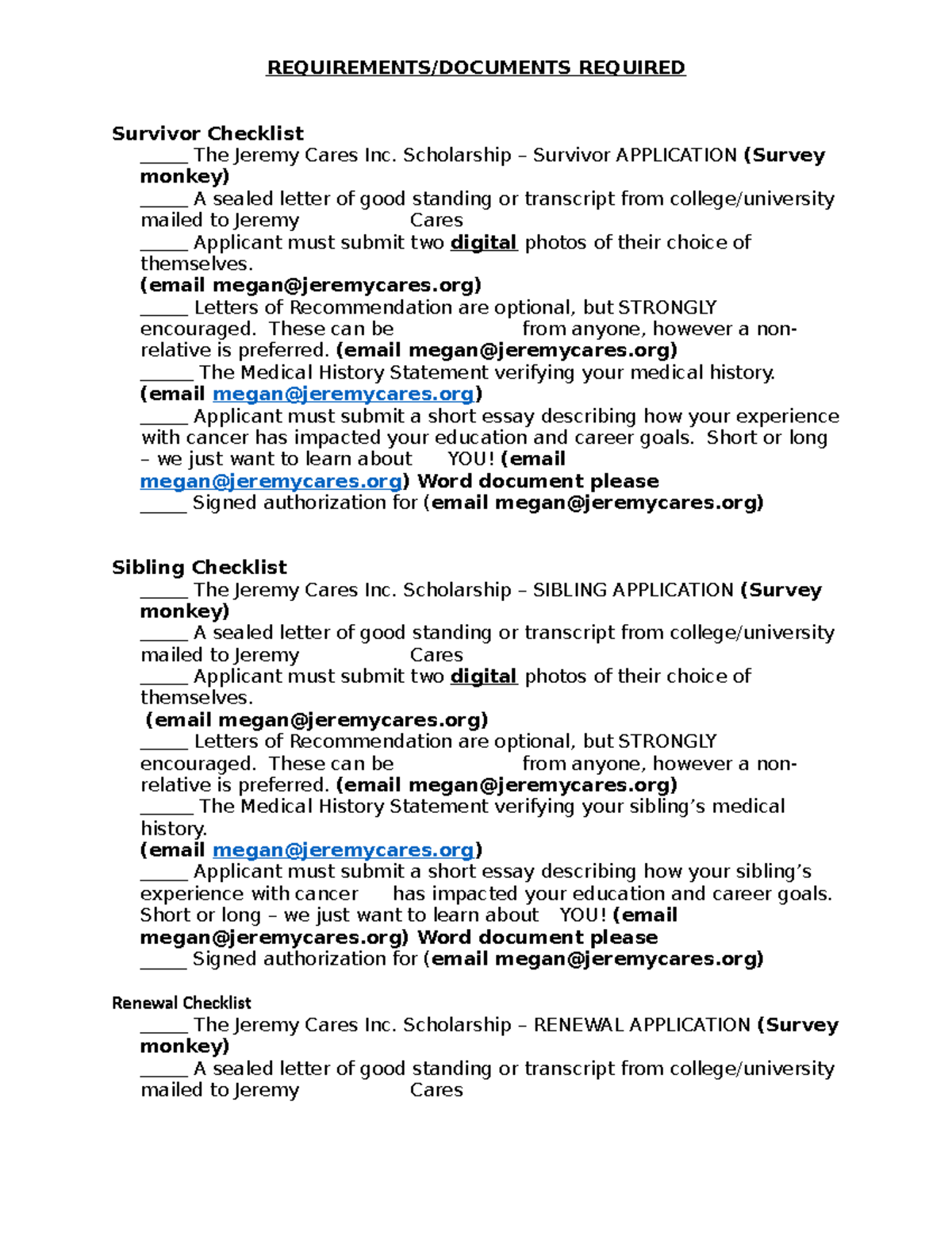 Scholarship Checklist - REQUIREMENTS/DOCUMENTS REQUIRED Survivor ...