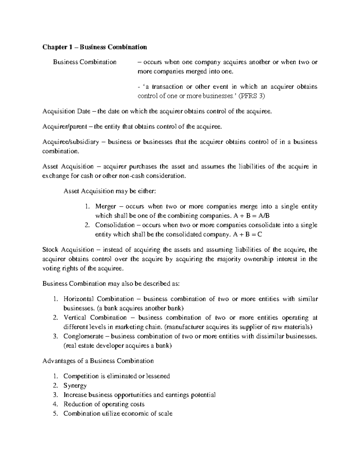 Midterm Outline Business Combination - Chapter 1 – Business Combination ...