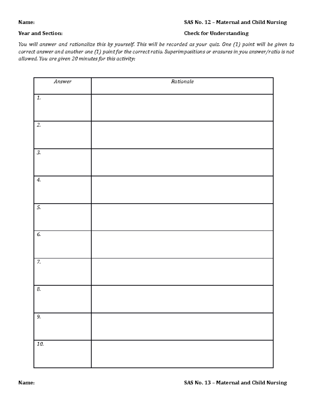 Mcn - activity sheet - Name: Year and Section: SAS No. 12 – Maternal ...
