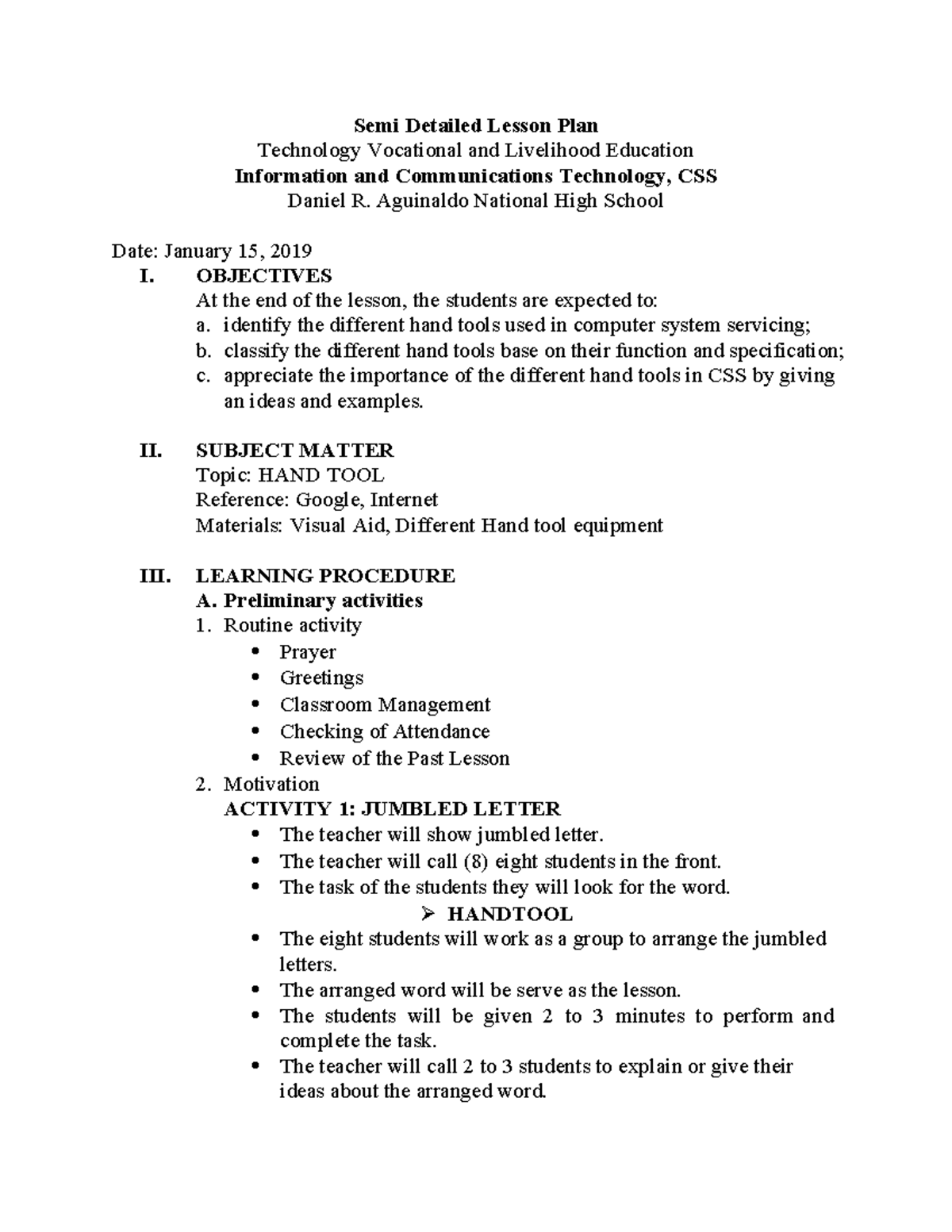 Lesson-plan-handtoolsdocx - Semi Detailed Lesson Plan Technology ...