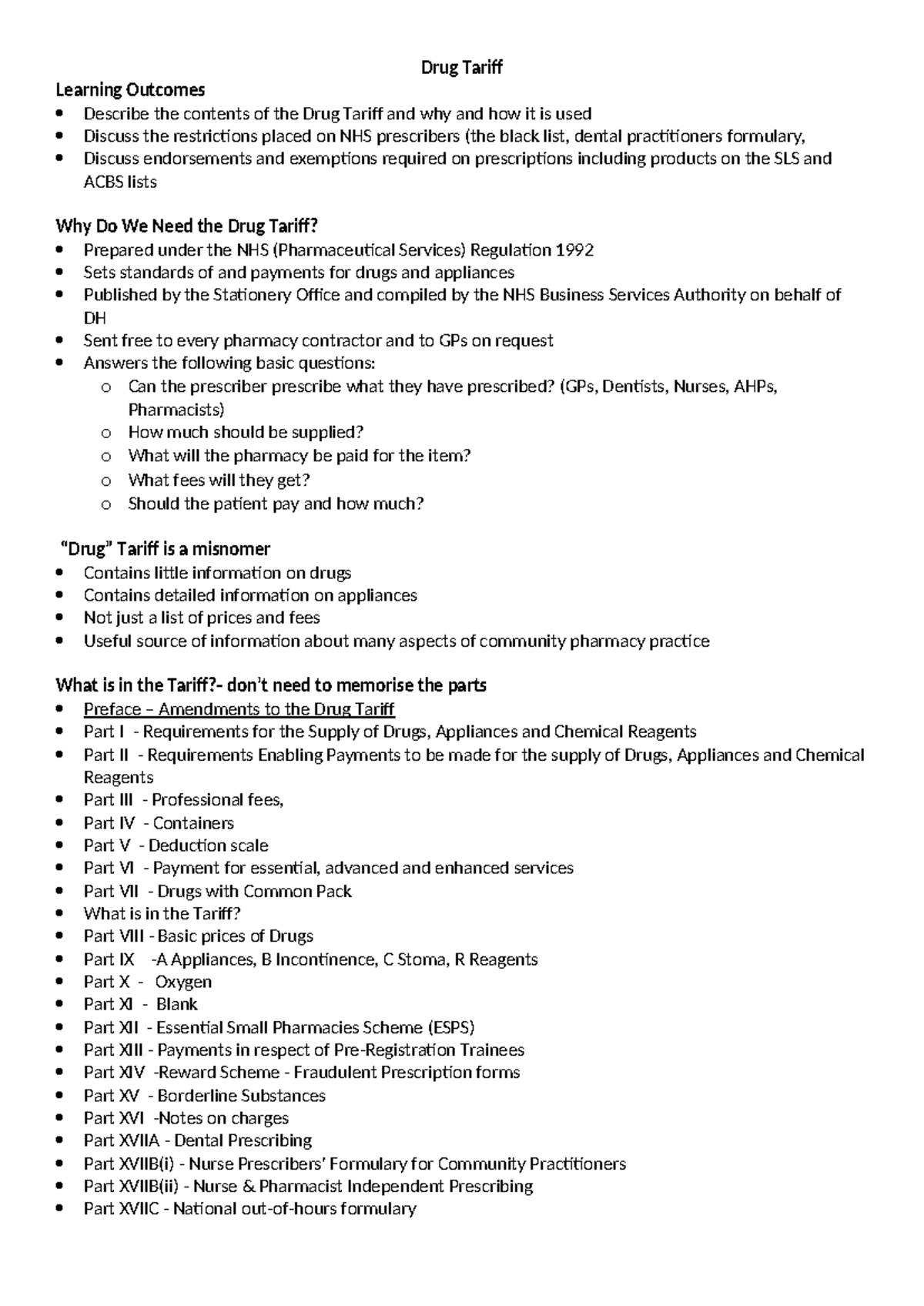 Drug Tariff - notes - Drug Tariff Learning Outcomes Describe the ...