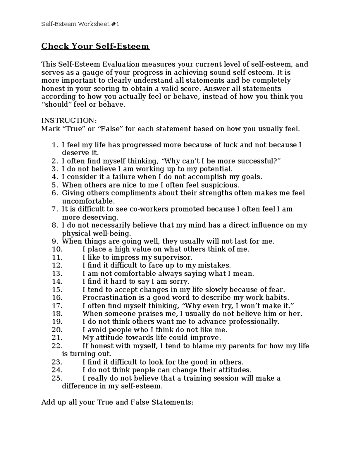 Self-Esteem Worksheet 1 - Self-Esteem Worksheet Check Your Self-Esteem ...