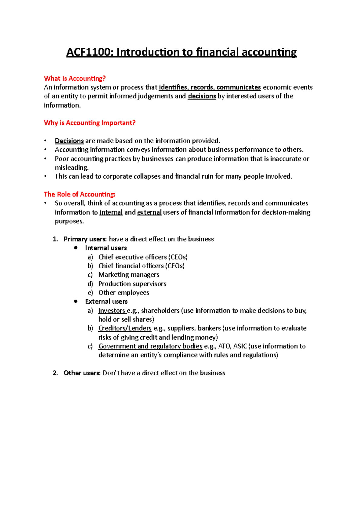 Notes (Introduction to financial Accounting) - ACF1100: Introduction to ...
