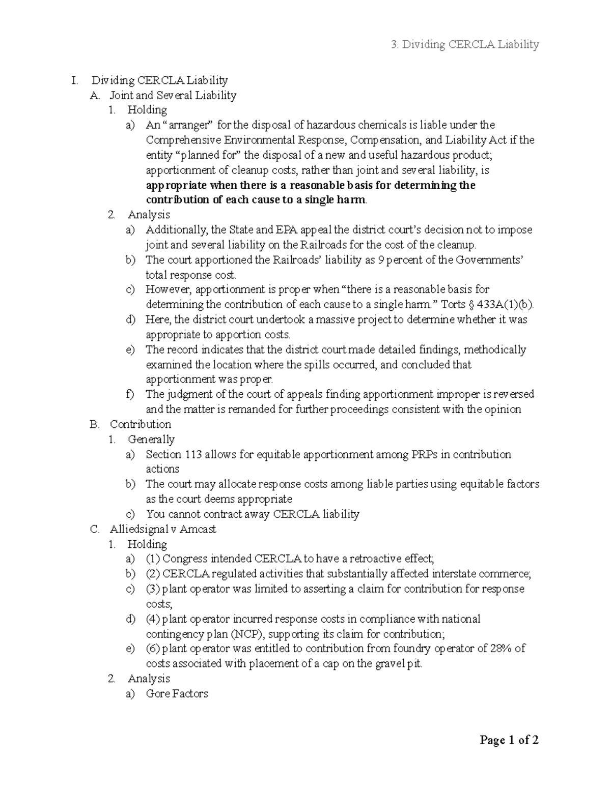 3. CERCLA Liability - Dividing CERCLA Liability I. Dividing CERCLA ...