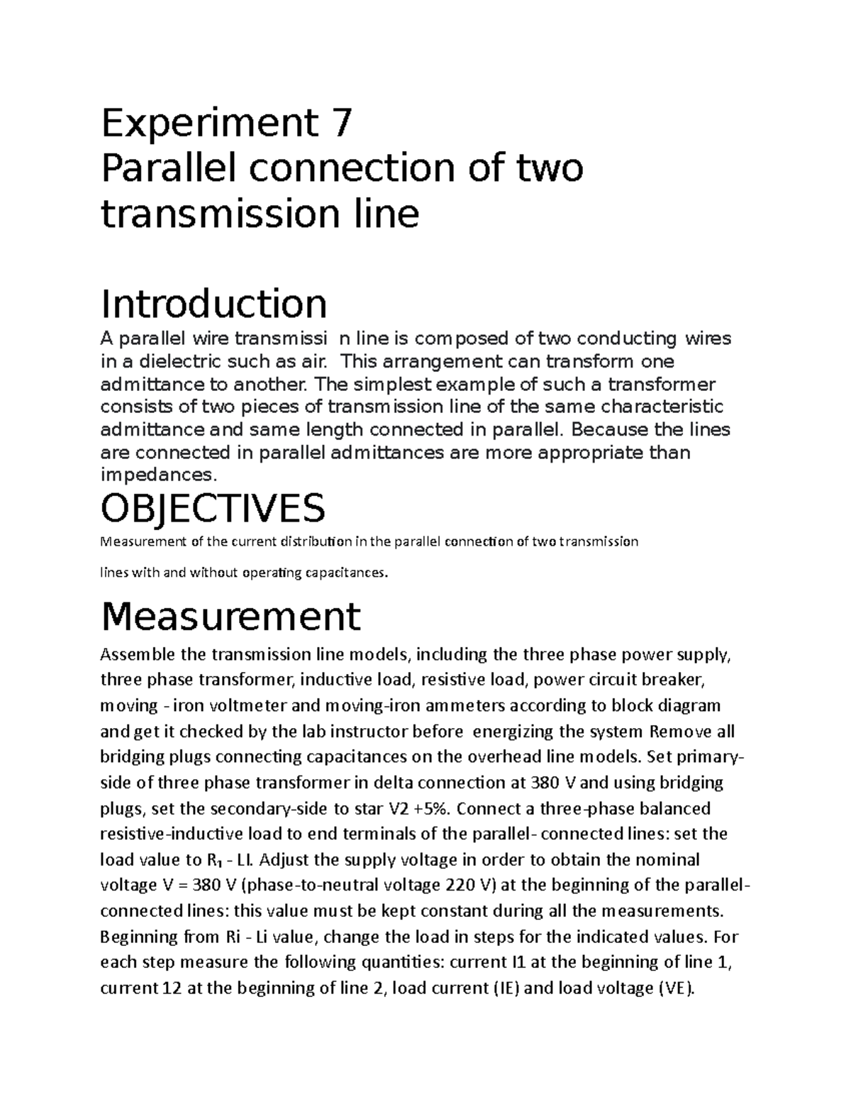 Ept 7 - lab 7 - Experiment 7 Parallel connection of two transmission ...