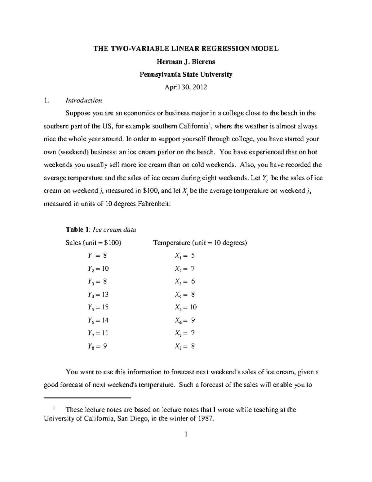 Lecture notes, course. - The Two - Variable Linear Regression Model - 1 ...