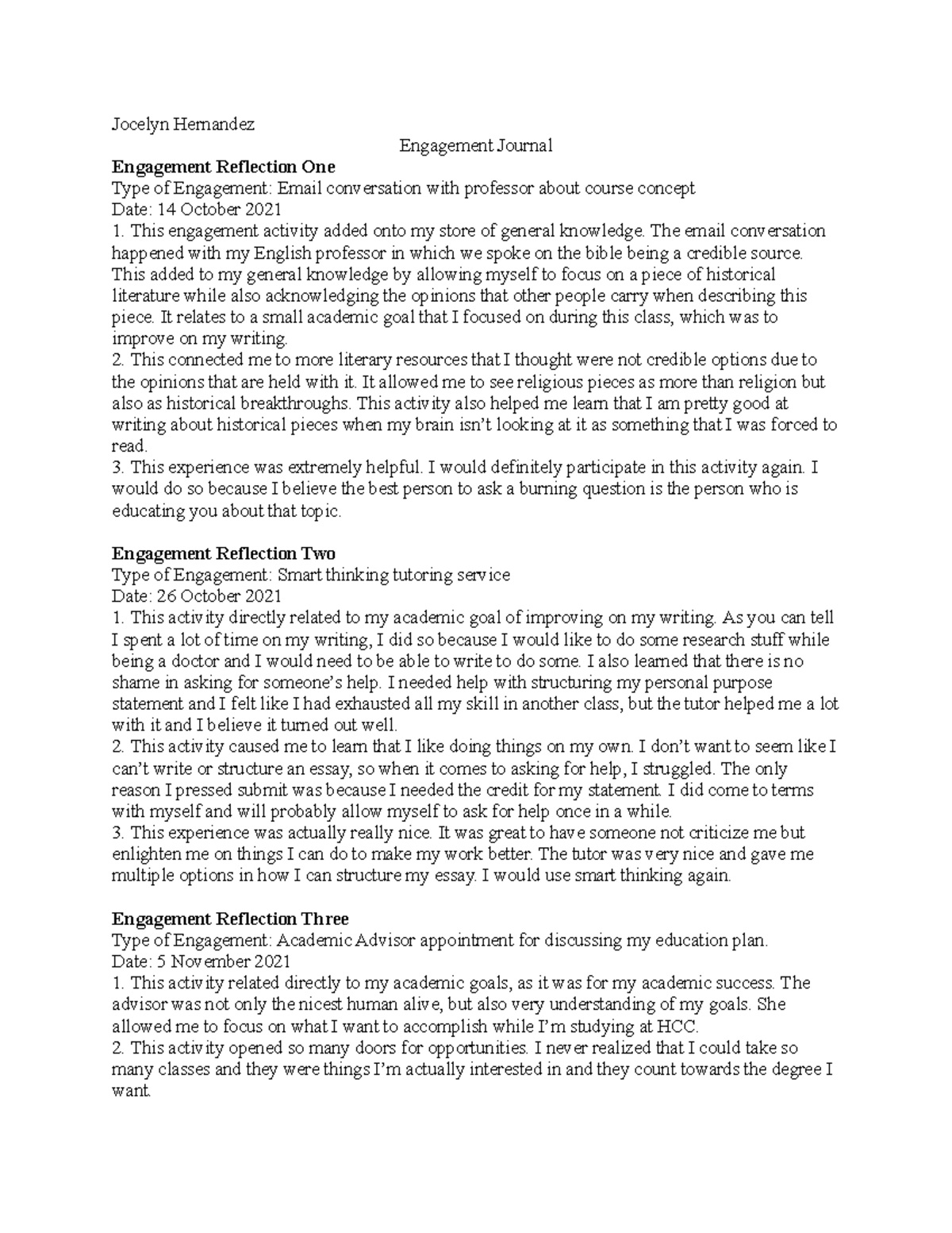 Engagement Journal - N/A - Jocelyn Hernandez Engagement Journal ...