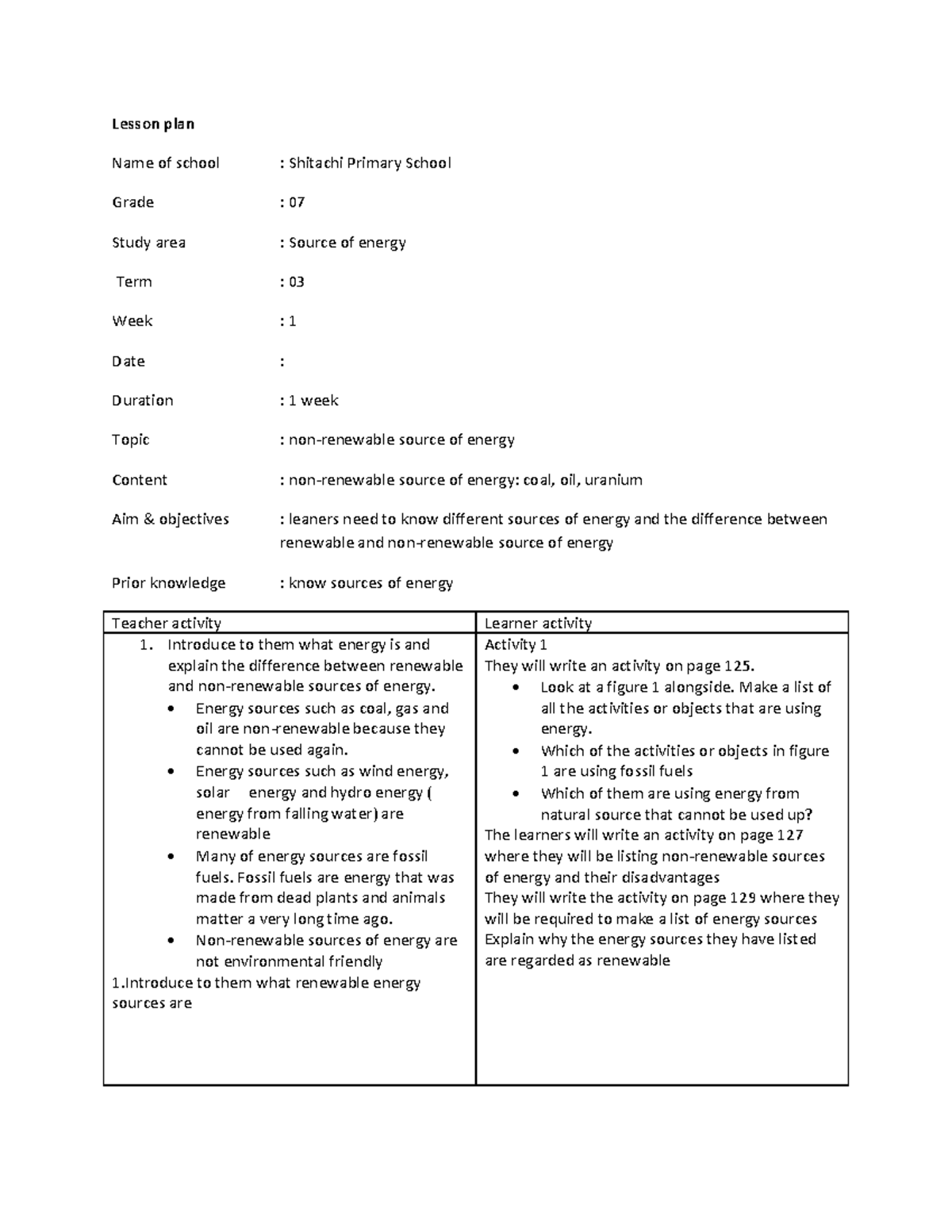 Benny - Lesson plan - Lesson plan Name of school : Shitachi Primary ...