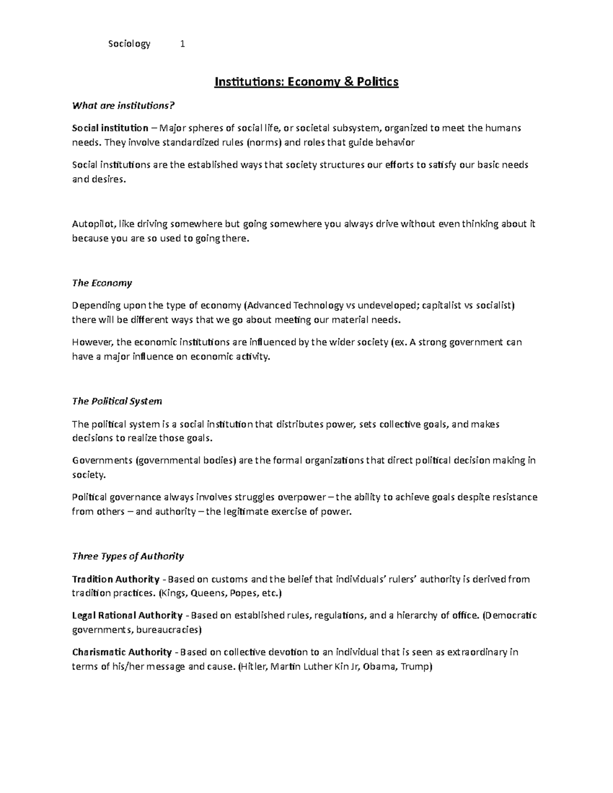 Institutions: Economy Politics - Sociology 1 Institutions: Economy ...