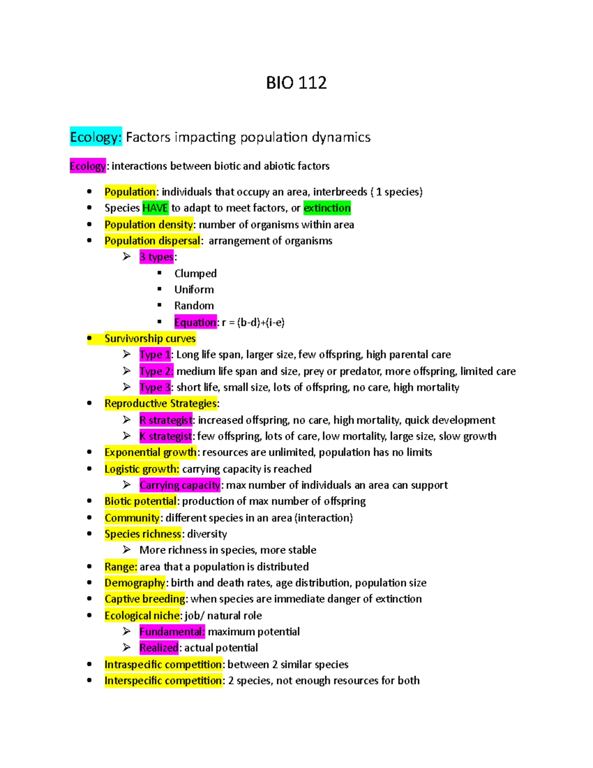 BIO 112 notes II - BIO 112 Ecology: Factors impacting population ...
