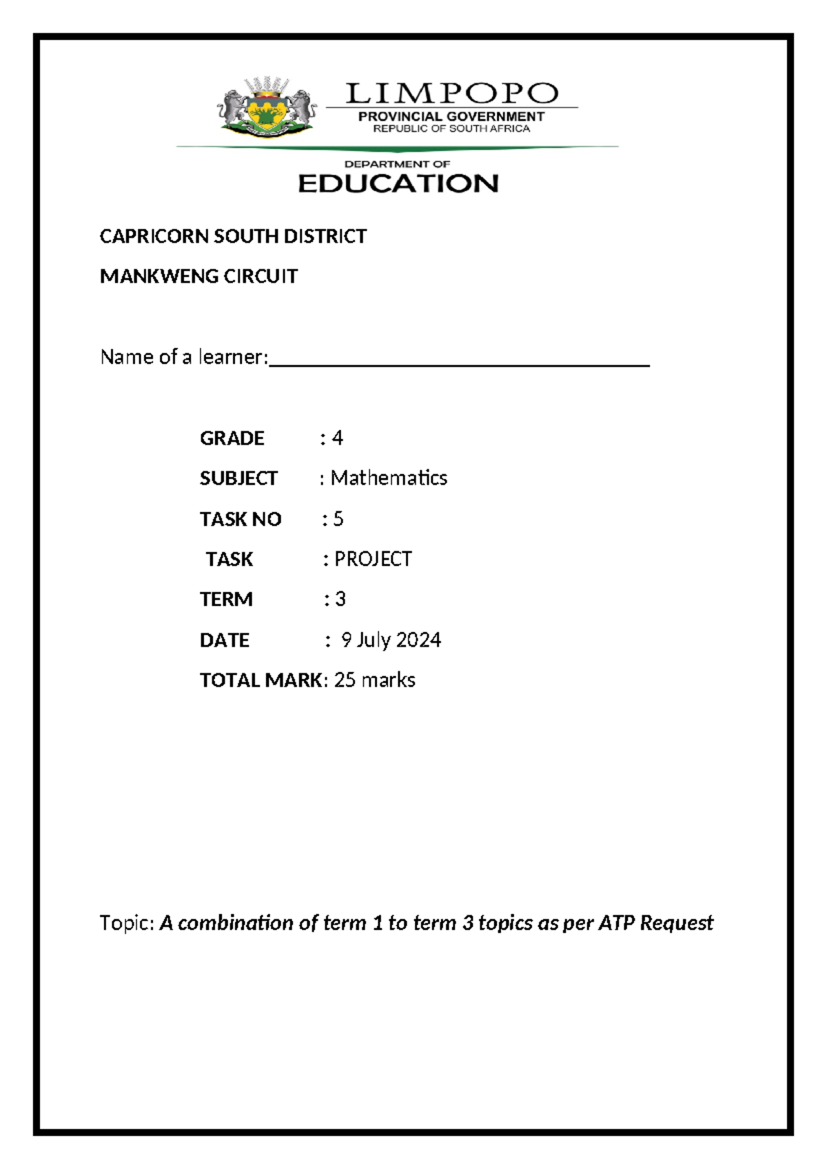 Grade 4 Mathematics Project TERM 3 2024 Final - CAPRICORN SOUTH ...