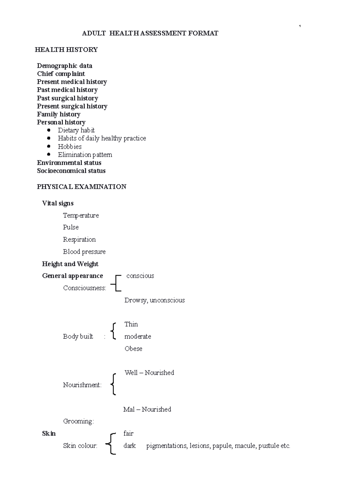 Adult Health Asessment - ADULT HEALTH ASSESSMENT FORMAT HEALTH HISTORY ...