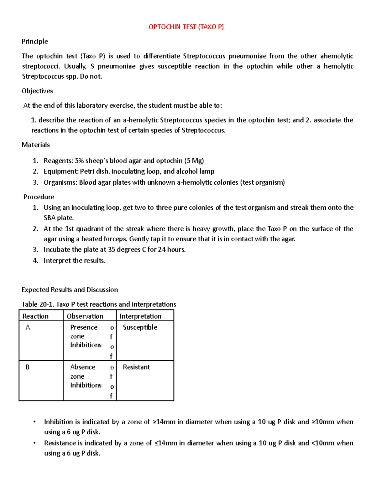 Optochin TEST - OPTOCHIN TEST (TAXO P) Principle The optochin test ...