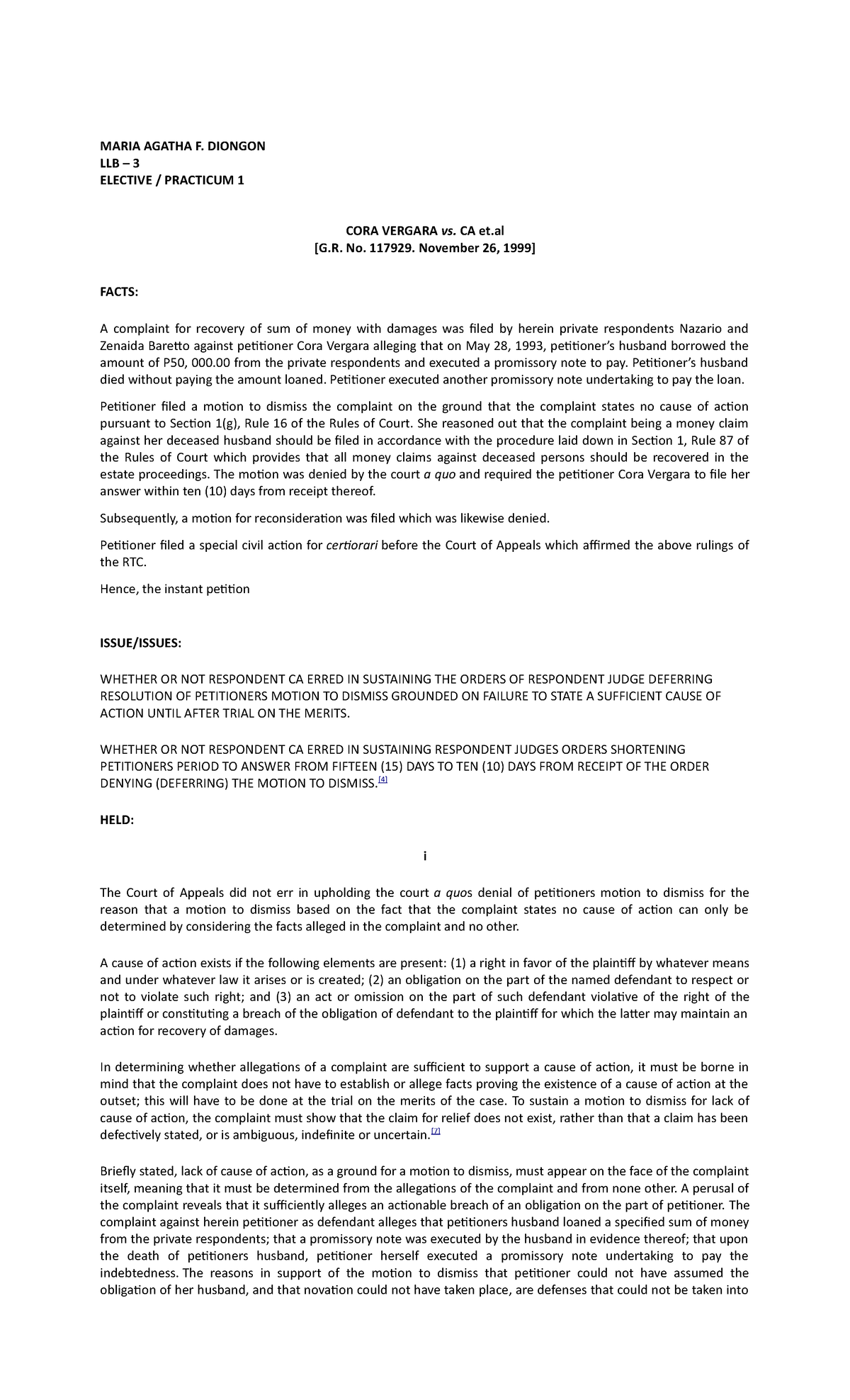 CASE #4 - case digest - MARIA AGATHA F. DIONGON LLB – 3 ELECTIVE ...