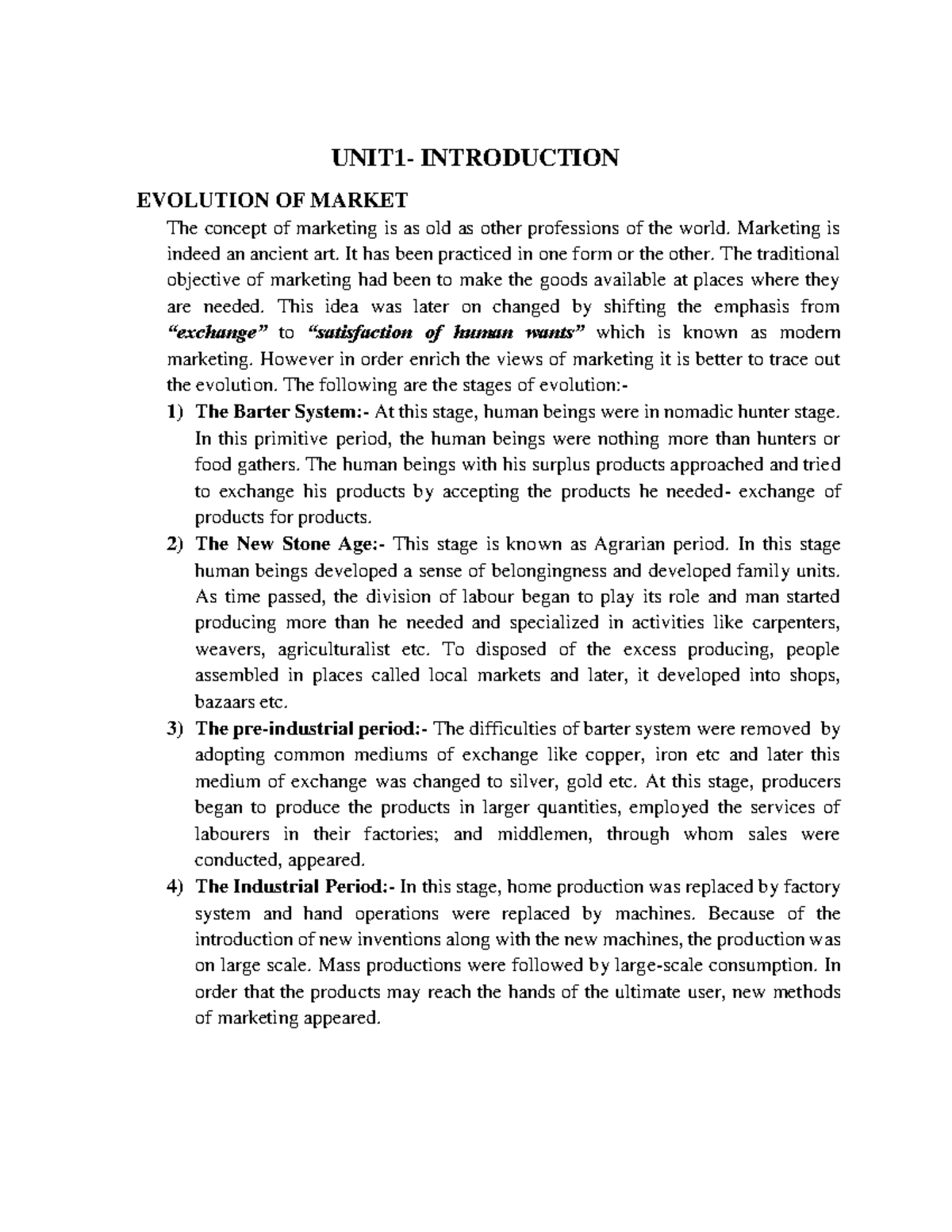 Marketting 1 - EVOLUTION OF MARKET - UNIT1- INTRODUCTION EVOLUTION OF ...