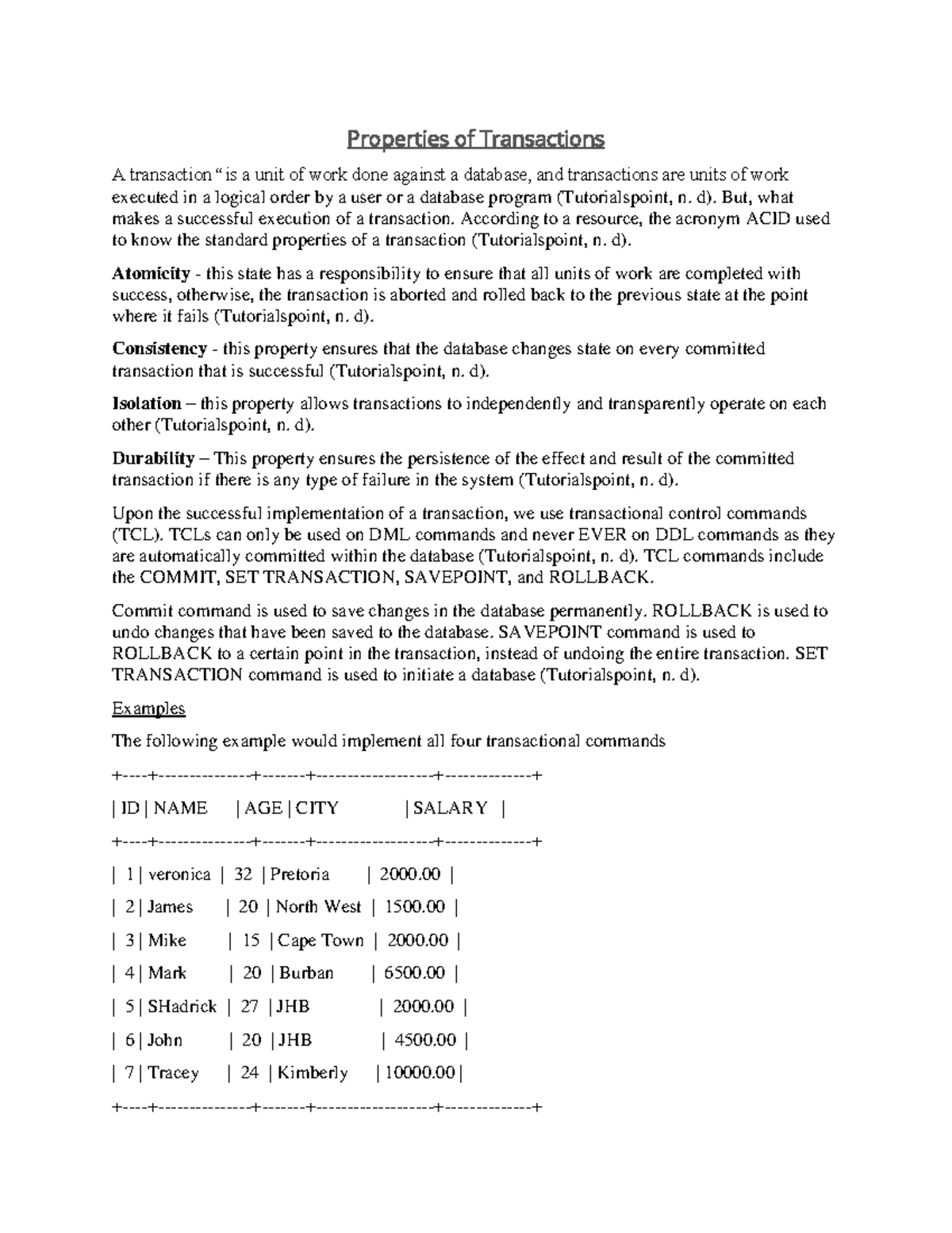 Discussion Forum Unit 7- Properties of Transactions CS2203 - Properties of Transactions A - Studocu