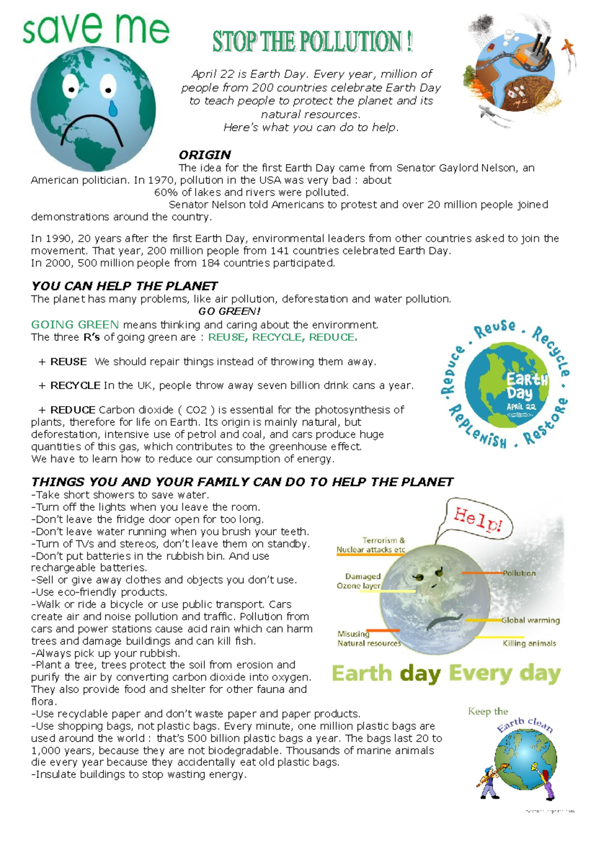 Worksheet Using Reading SAVE THE Planet - April 22 is Earth Day. Every ...