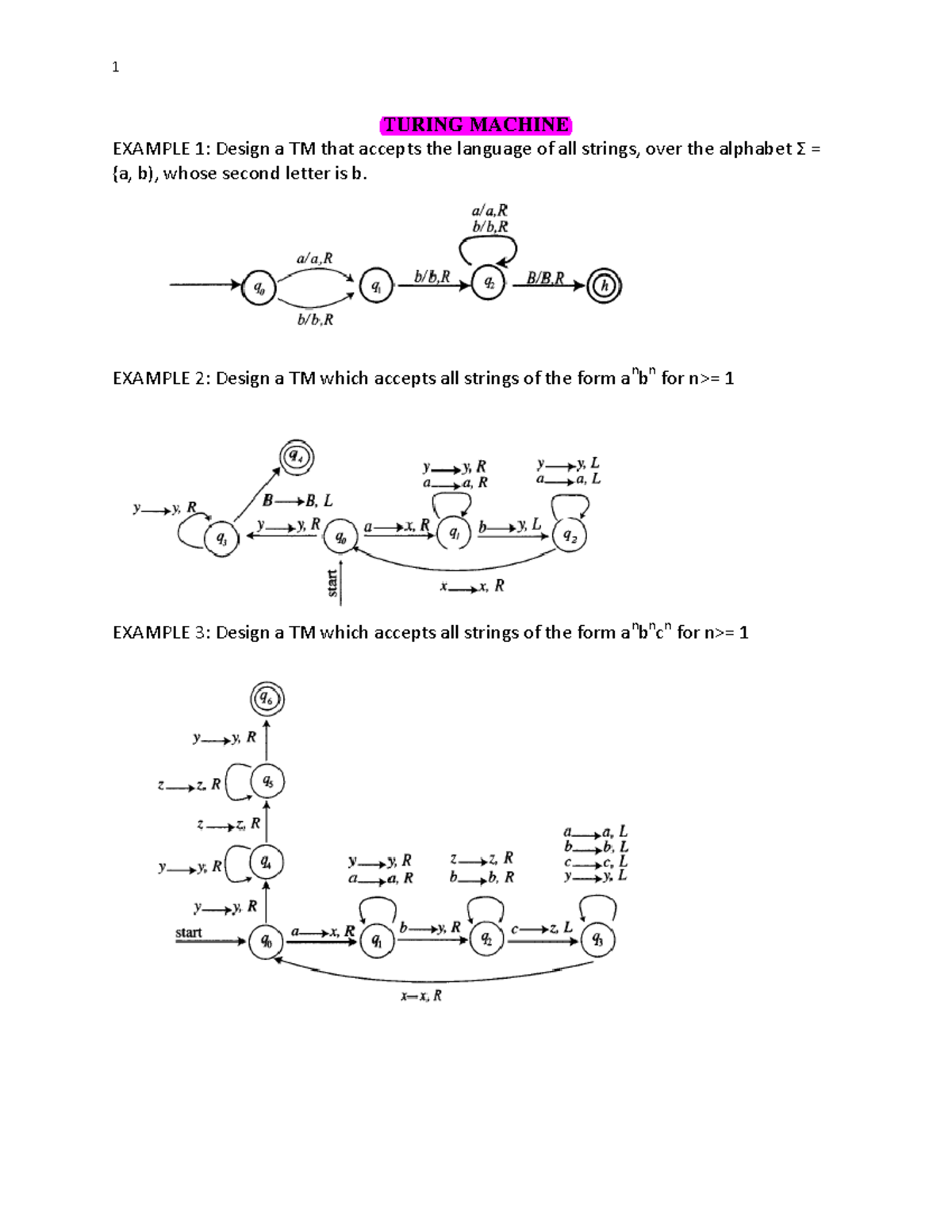 Turing Machine Solutions - TURING MACHINE EXAMPLE 1: Design a TM that accepts the language of ...