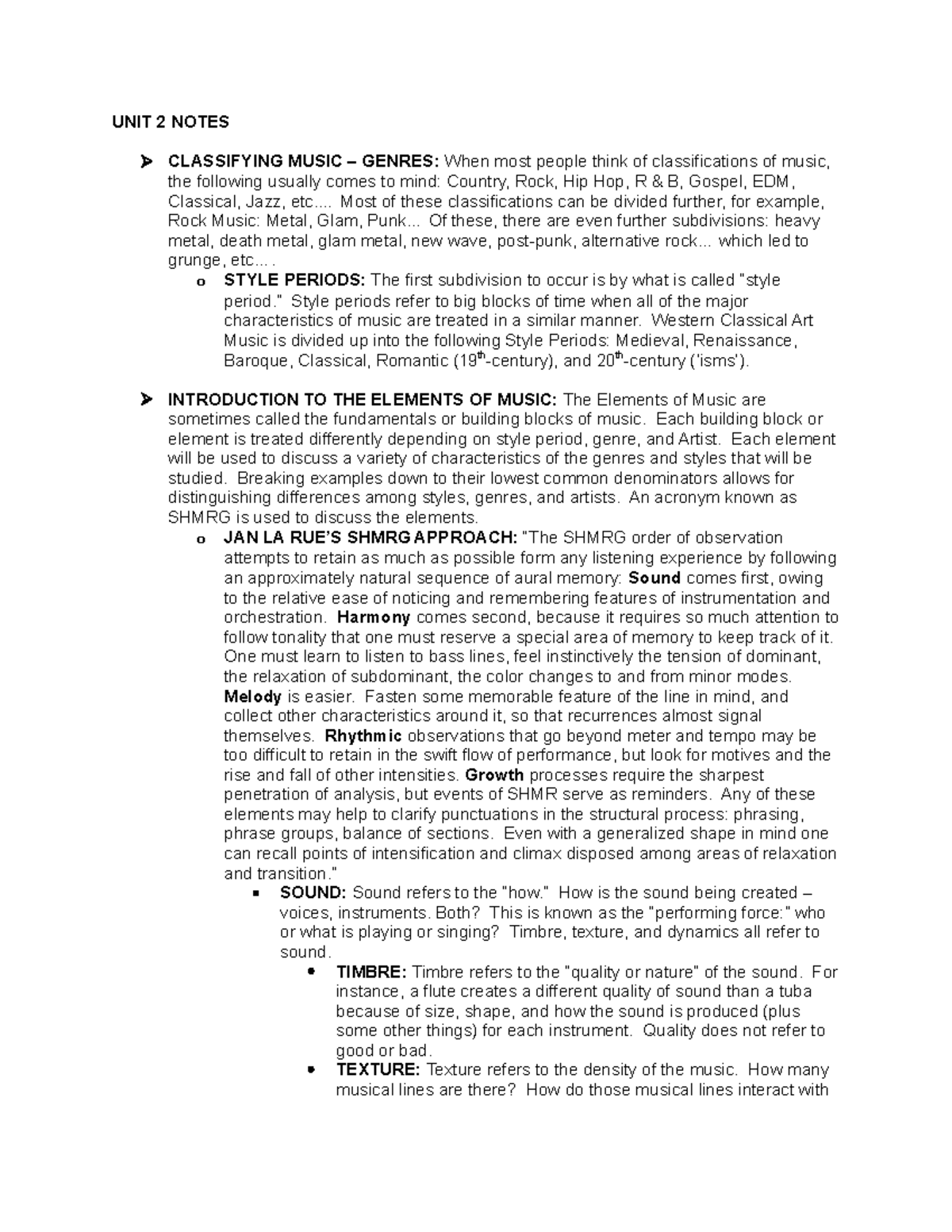 UNIT 2 Notes - Musical Style Characteristics - UNIT 2 NOTES CLASSIFYING ...