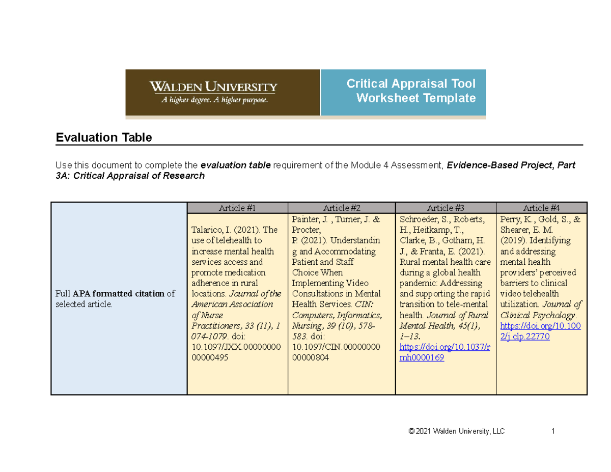 Wk7Assgn EBP Part A - Evaluation Table Use this document to complete ...