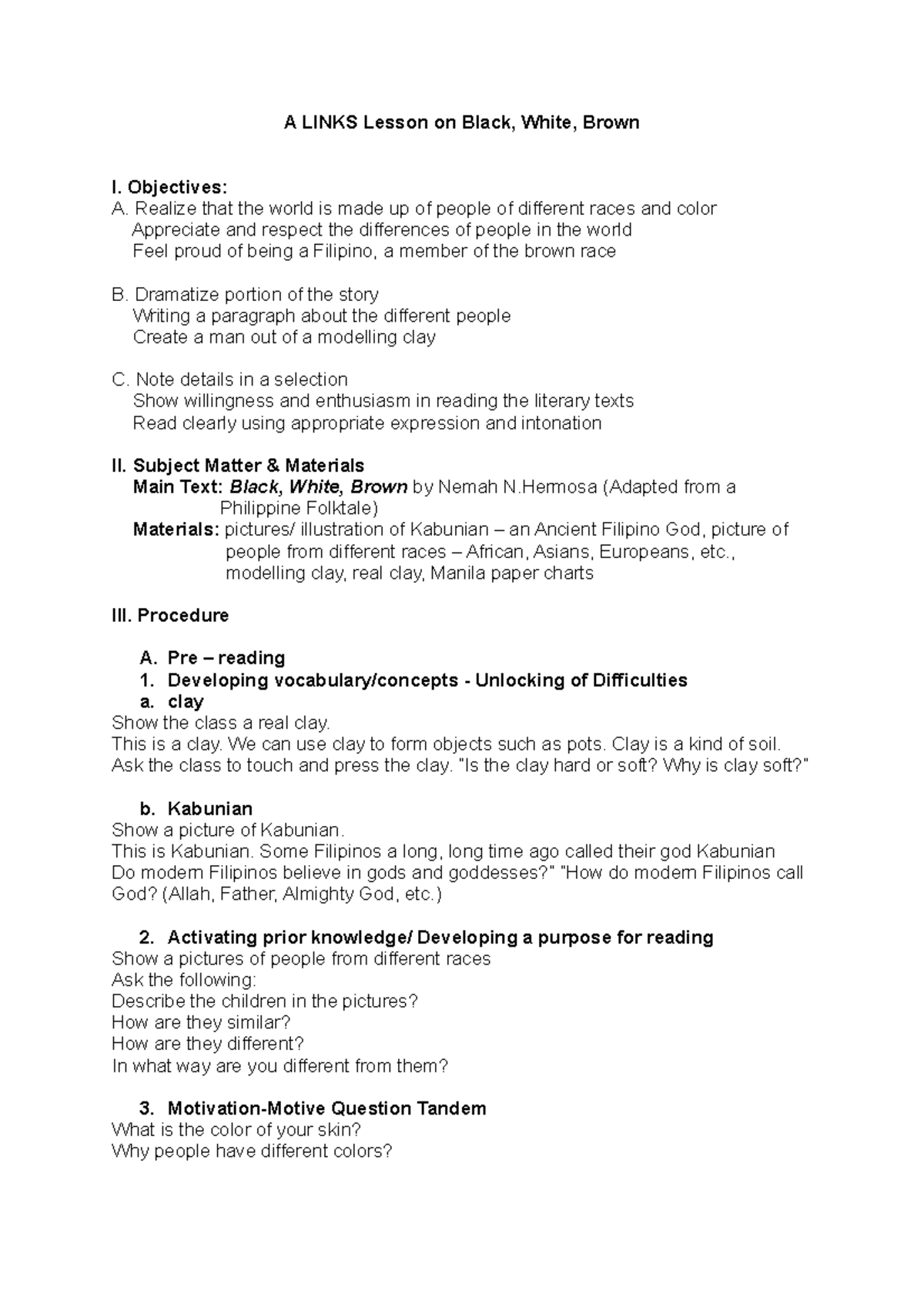 Lesson Plan in Reading - A LINKS Lesson on Black, White, Brown I ...