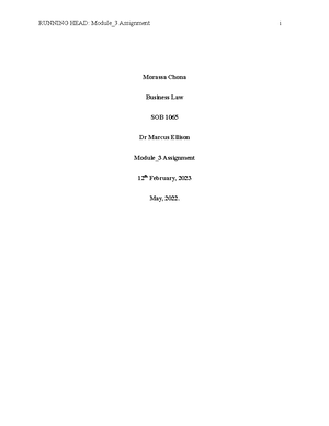 Module 5 Assignment Final - RUNNING HEAD: Module 5 Written Assignment 1 Morassa Chona Business ...