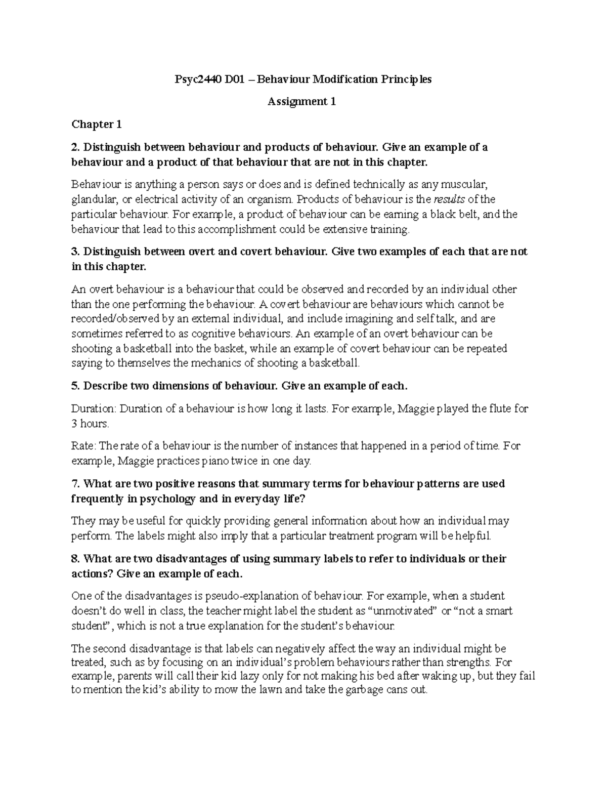 Psyc2440 Assigment 1 - Psyc2440 D01 – Behaviour Modification Principles Assignment 1 Chapter 1 ...