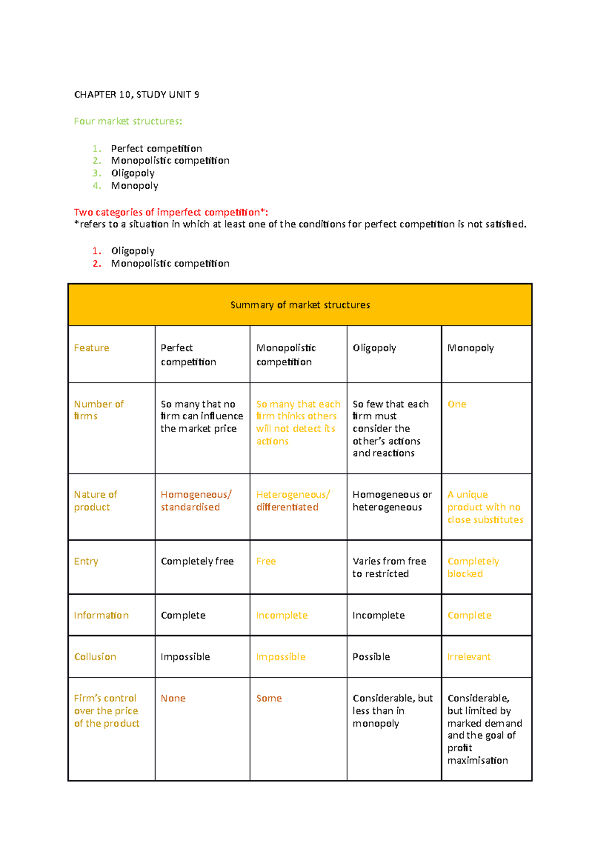 Chapter 10 - Summary Economics - CHAPTER 10, STUDY UNIT 9 Four market ...