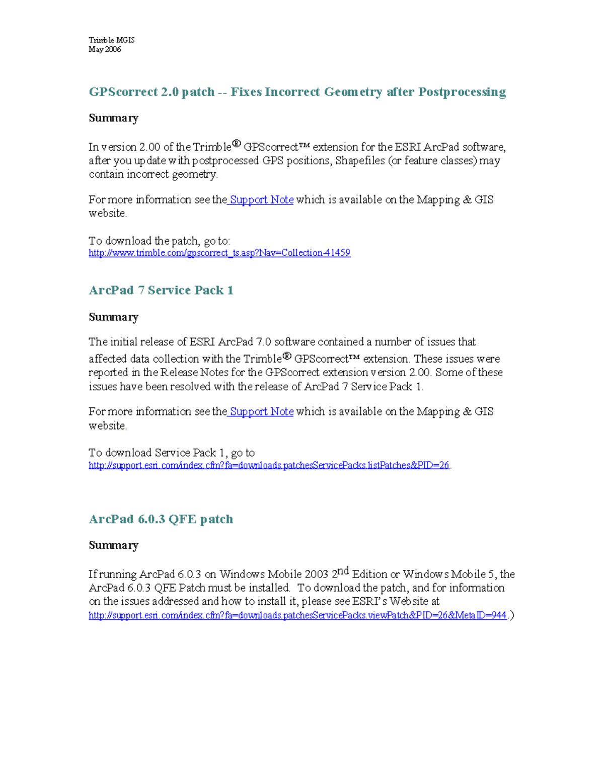 Gpscopat - GPS - Trimble MGIS May 2006 GPScorrect 2 patch - Fixes ...