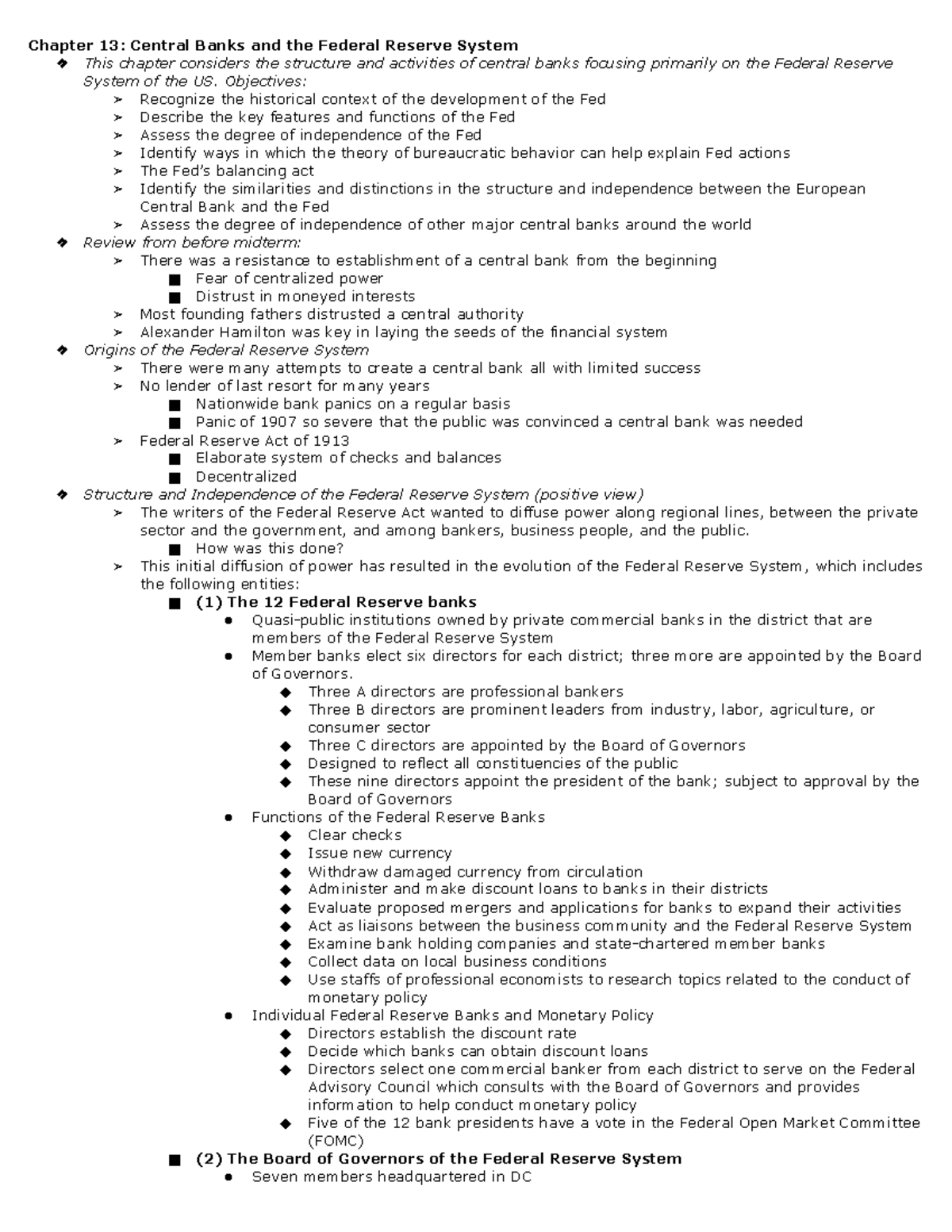 Money and banking 2 - Lecture notes 13-25 - Chapter 13: Central Banks ...
