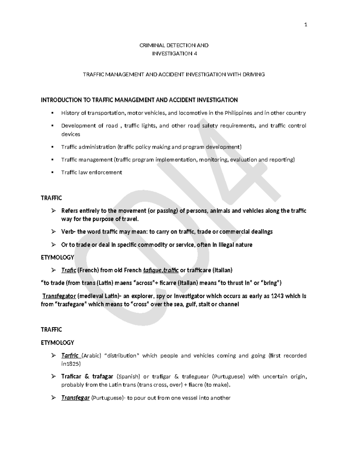 Chapter 1 - CRIMINAL DETECTION AND INVESTIGATION 4 TRAFFIC MANAGEMENT ...