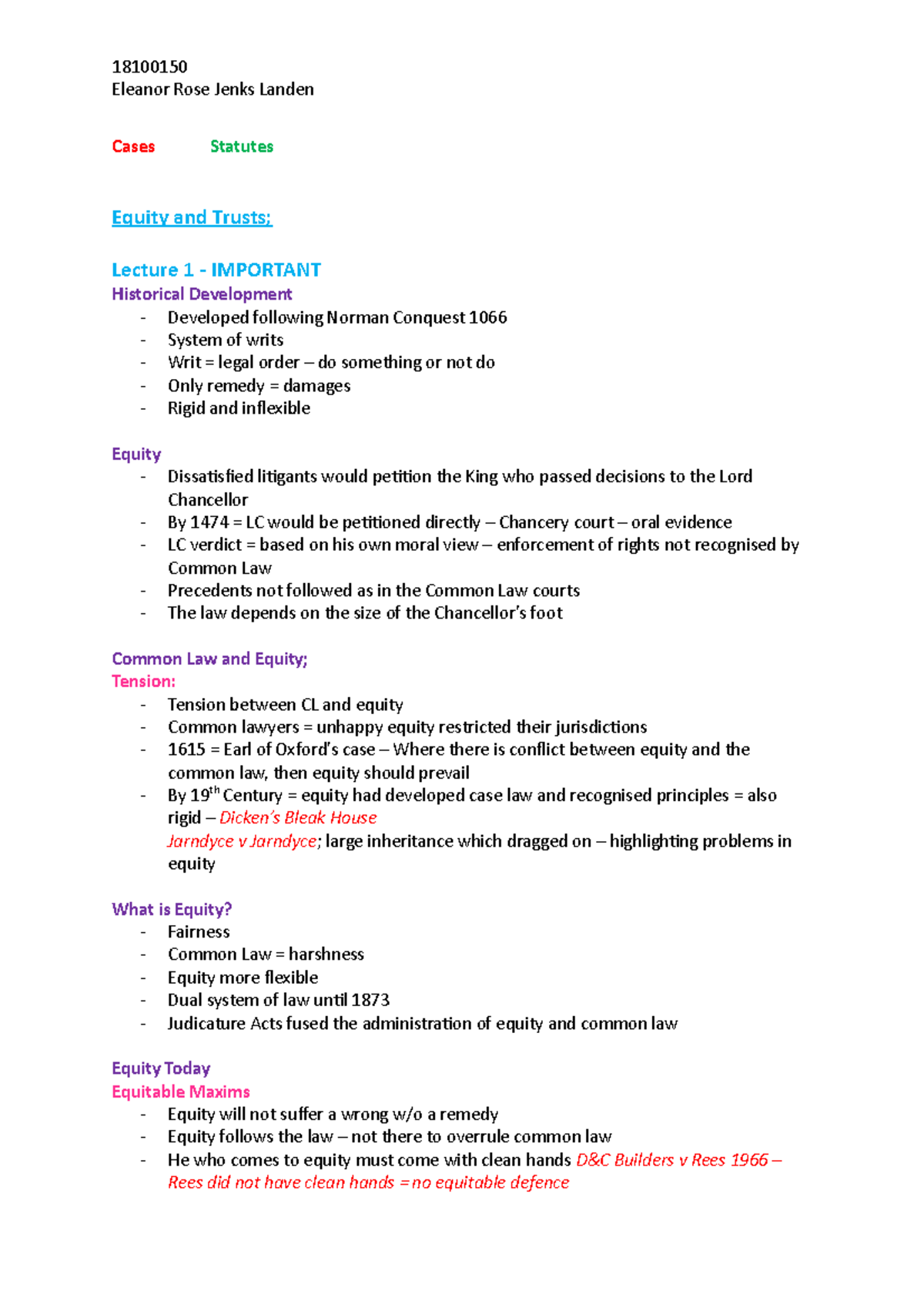 Equity and Trusts Lecture notes - Eleanor Rose Jenks Landen Cases ...